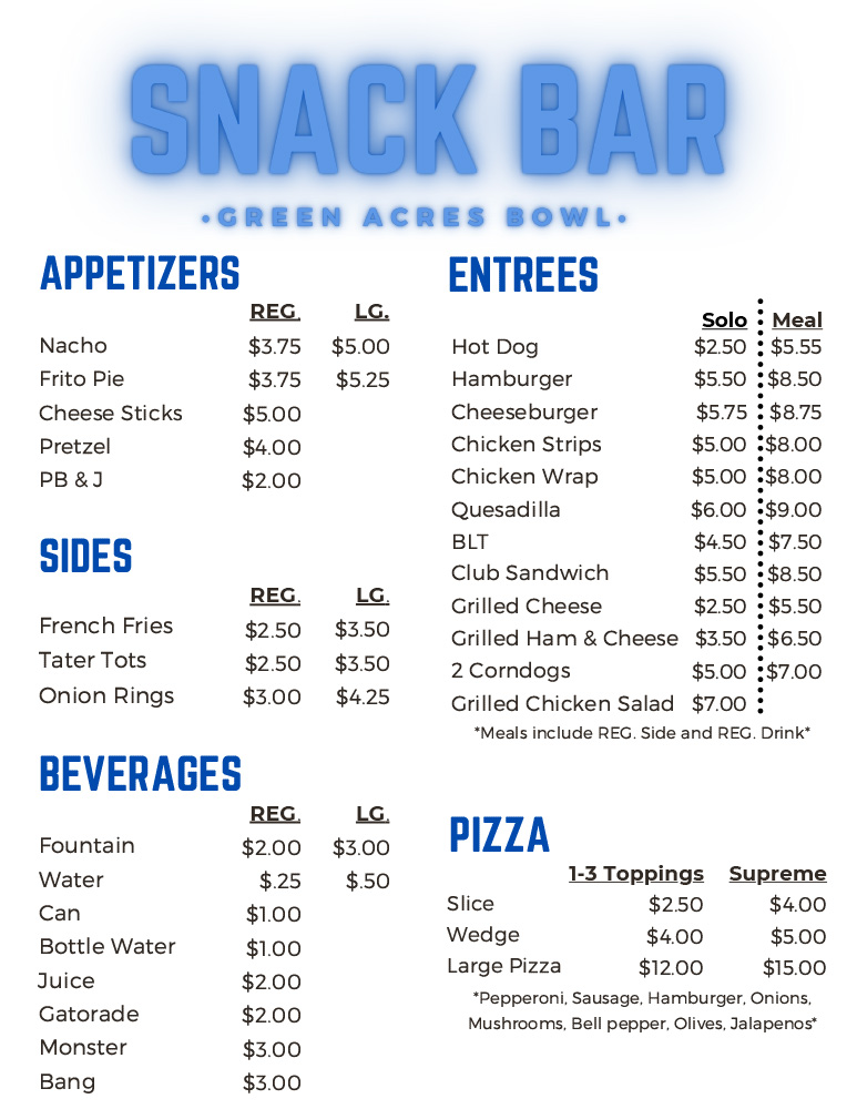 Snack Bar Menu Green Acres Bowl Snack Bar Menu Green Acres Bowl